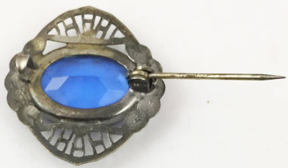 Brooch Blue Glass Filigree Sterling Silver Vintage - Gem