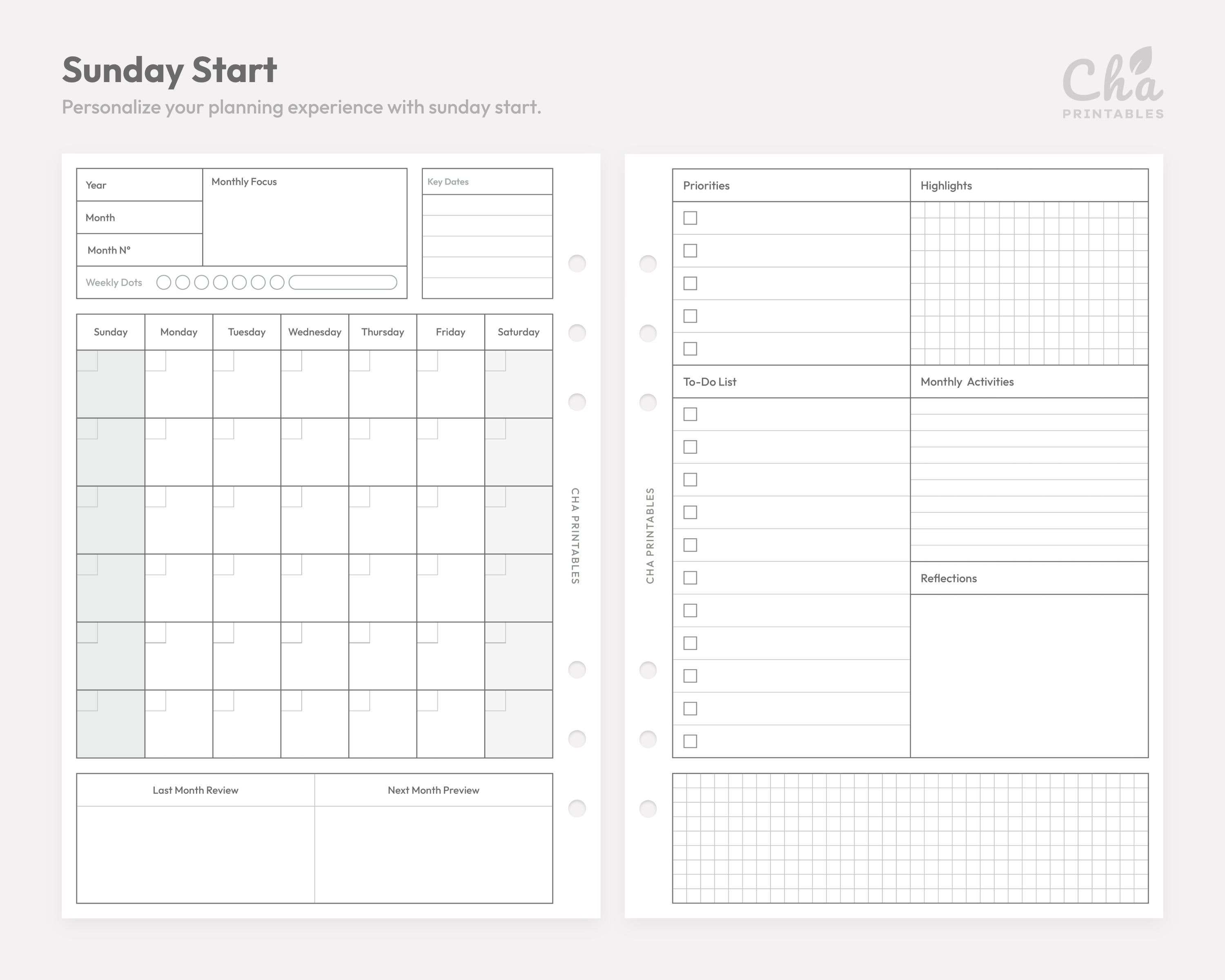 Monthly Planner Inserts A5 Size Printable - Undated Ring Binder Refill ...