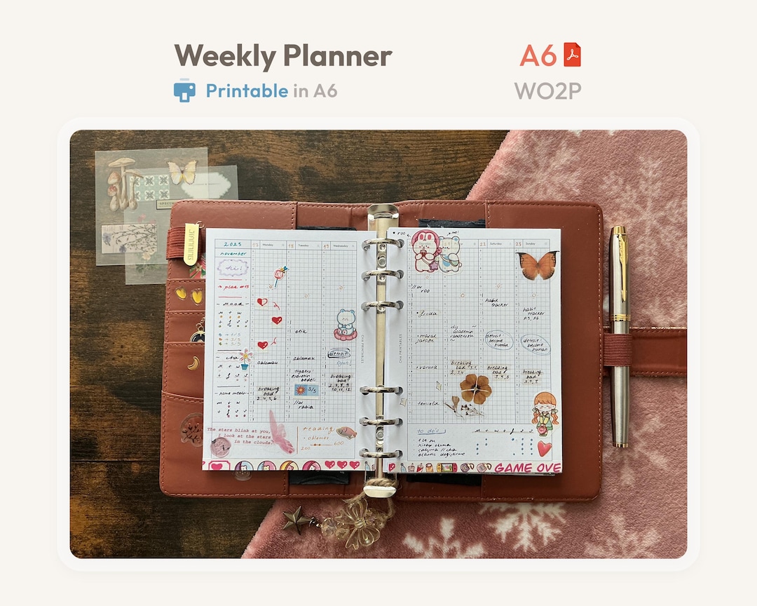 Weekly Planner Inserts A6 Size Printable - Undated Ring Binder Refill ...