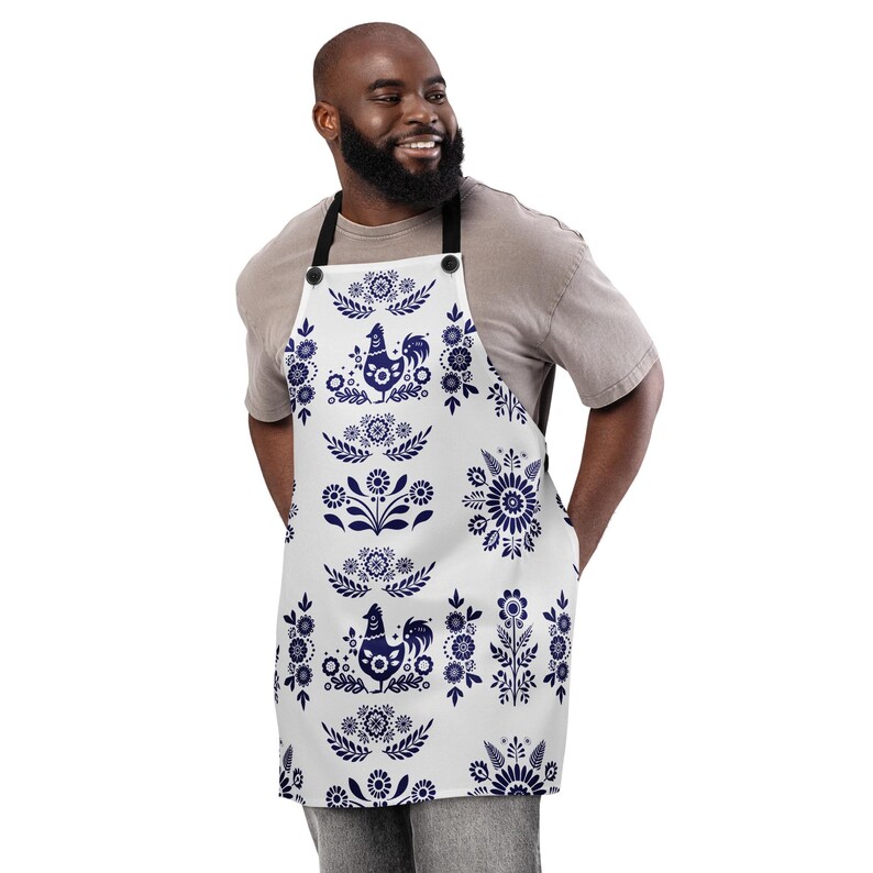 Blue Folk Rooster Apron Scandinavian Folk Art Kitchen Apron Farmhouse ...