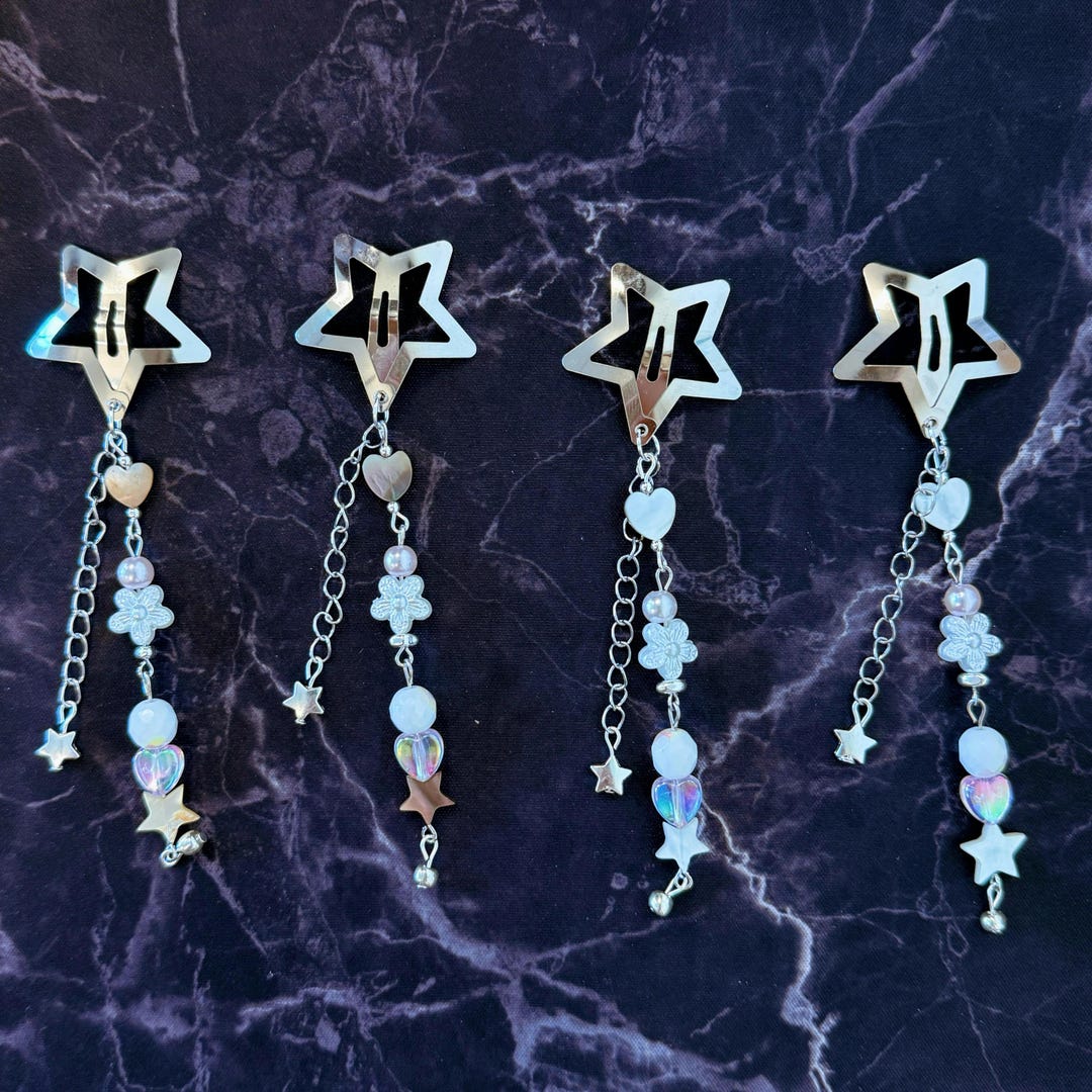 Star Hair Clip With Dangling Charms, Iridescent Beaded Chain Hair ...