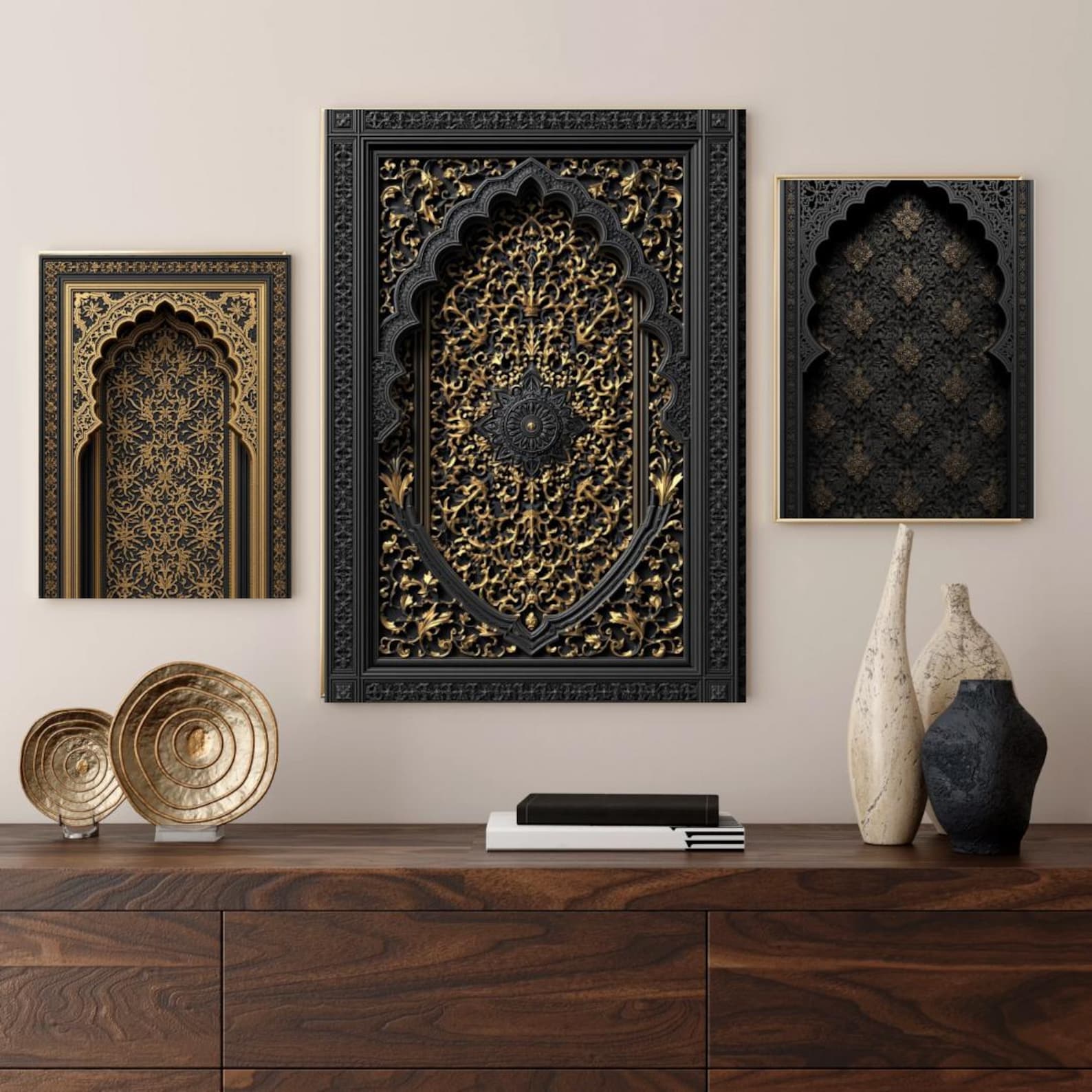 Set of 3 Black & Gold Moroccan Wall Art | Islamic Arch Decor | Luxury ...
