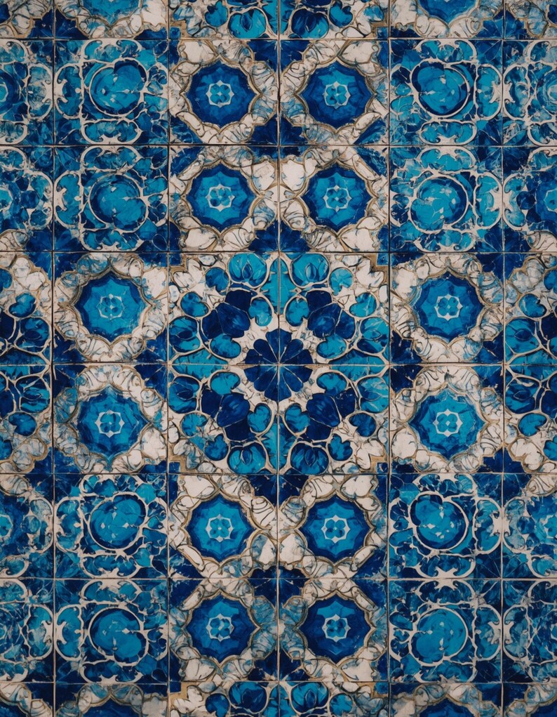 Blue Moroccan Zellige Wall Art Set of 3, Moroccan Tile Printable Art ...