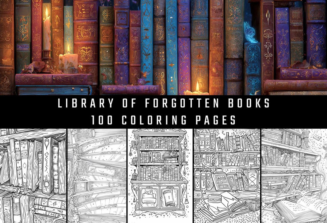 Ancient Magical Library Coloring Page Collection | Enchanted Spellbook ...