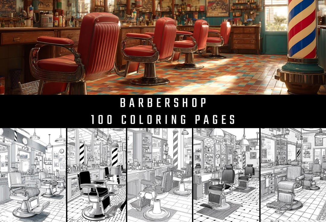 Vintage Barbershop Coloring Page Collection | Retro Grooming Interior ...