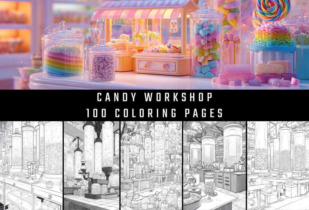 Candy Workshop Coloring Page Collection | Whimsical Sweet Factory ...