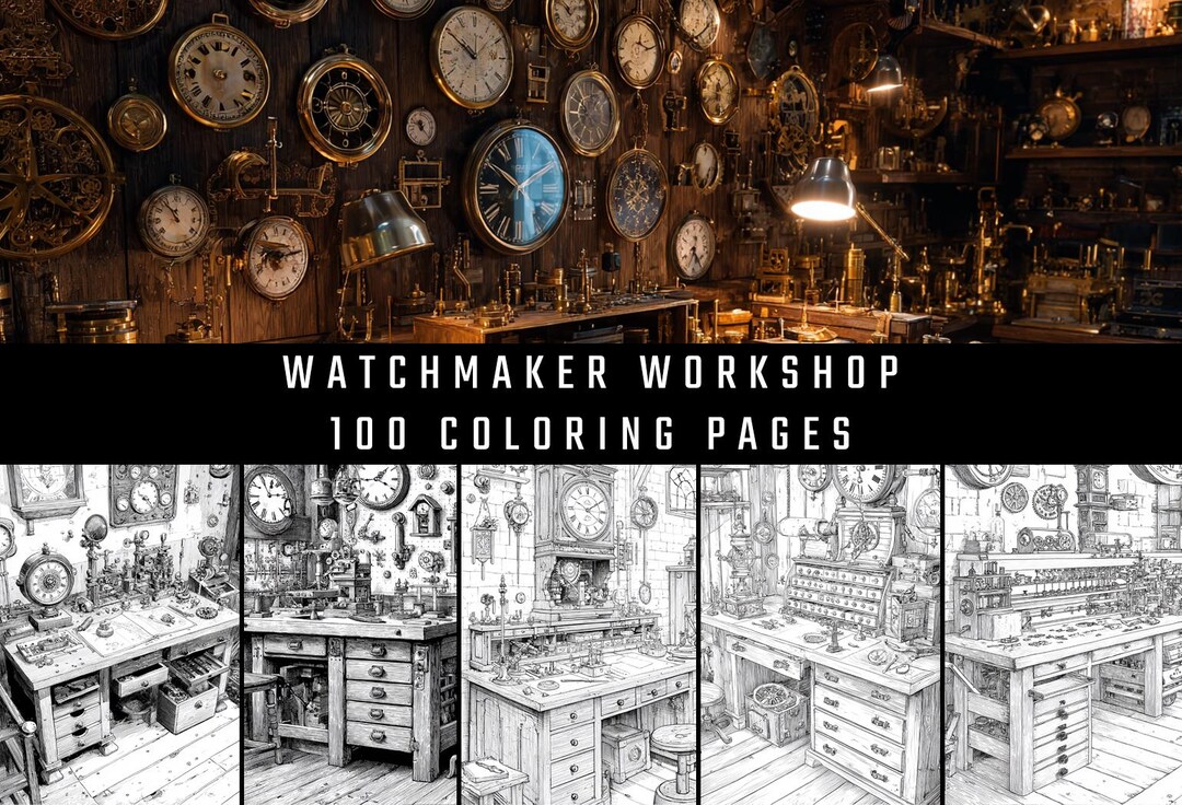Clockmaker’s Workshop Coloring Page Collection | Antique Timepiece ...