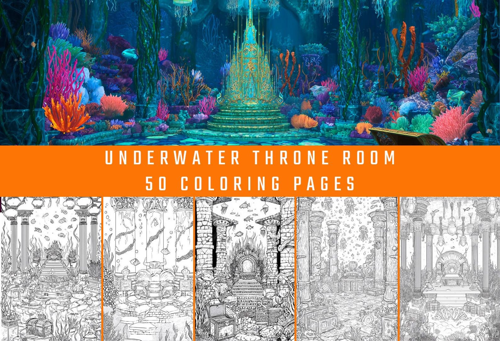 Underwater Throne Room Coloring Page | Fantasy Ocean Palace Art | Ultra ...