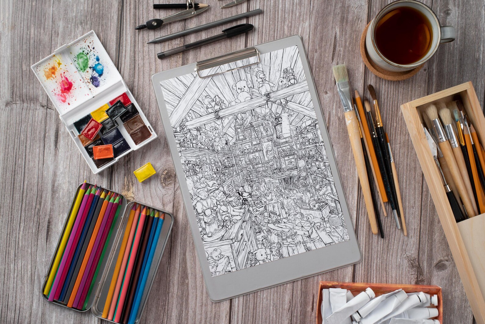 Haunted Toymaker's Attic Coloring Page | Spooky Vintage Toys Scene ...