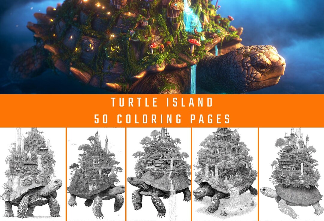 Turtle Island Coloring Page | Floating Fantasy World | Ultra-detailed ...