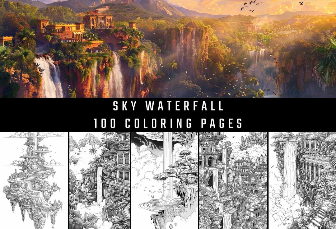 Waterfall From the Heavens | 100-page Fantasy Paradise Coloring Book ...
