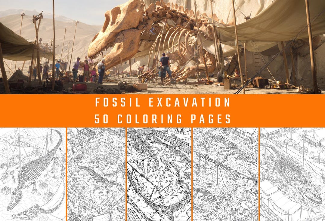 Fossil Excavation Coloring Page | Archaeology Adventure Scene | Ultra ...