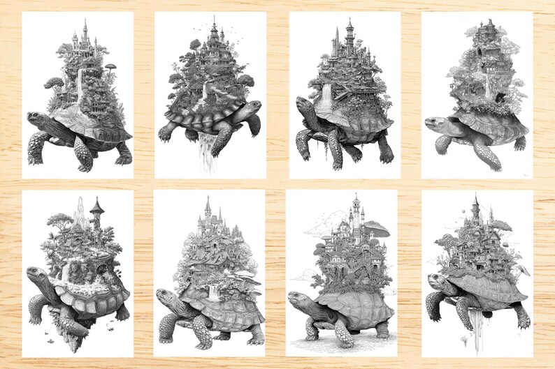 Turtle Island Coloring Page | Floating Fantasy World | Ultra-detailed ...