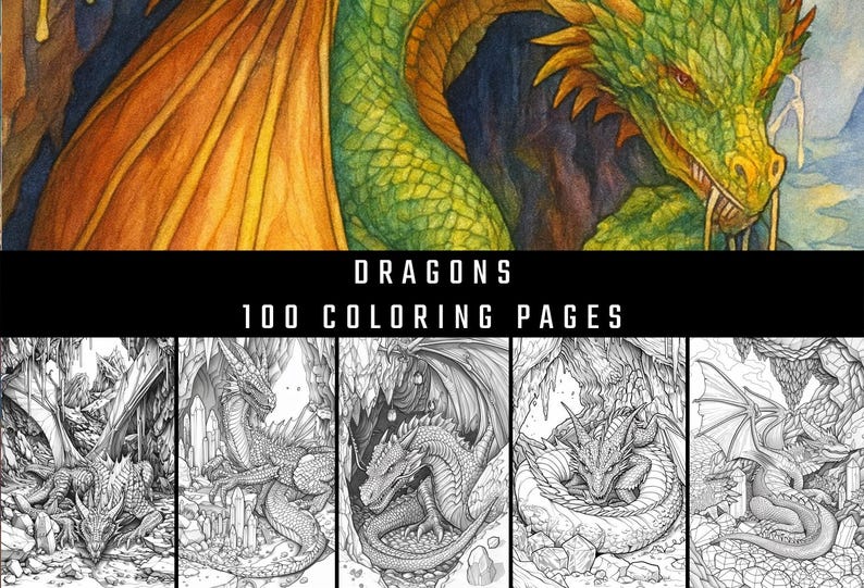 Dragon Coloring Book: 100 Fantasy Pages for Adults & Kids (printable ...