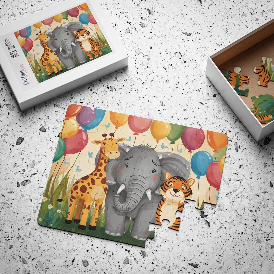 Cute Jungle Animals Kids Puzzle With Elephant Giraffe Tiger, Colorful ...