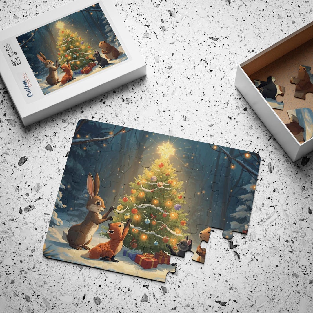 Christmas Animals Puzzle Cute Woodland Animals Decorating Tree Holiday ...