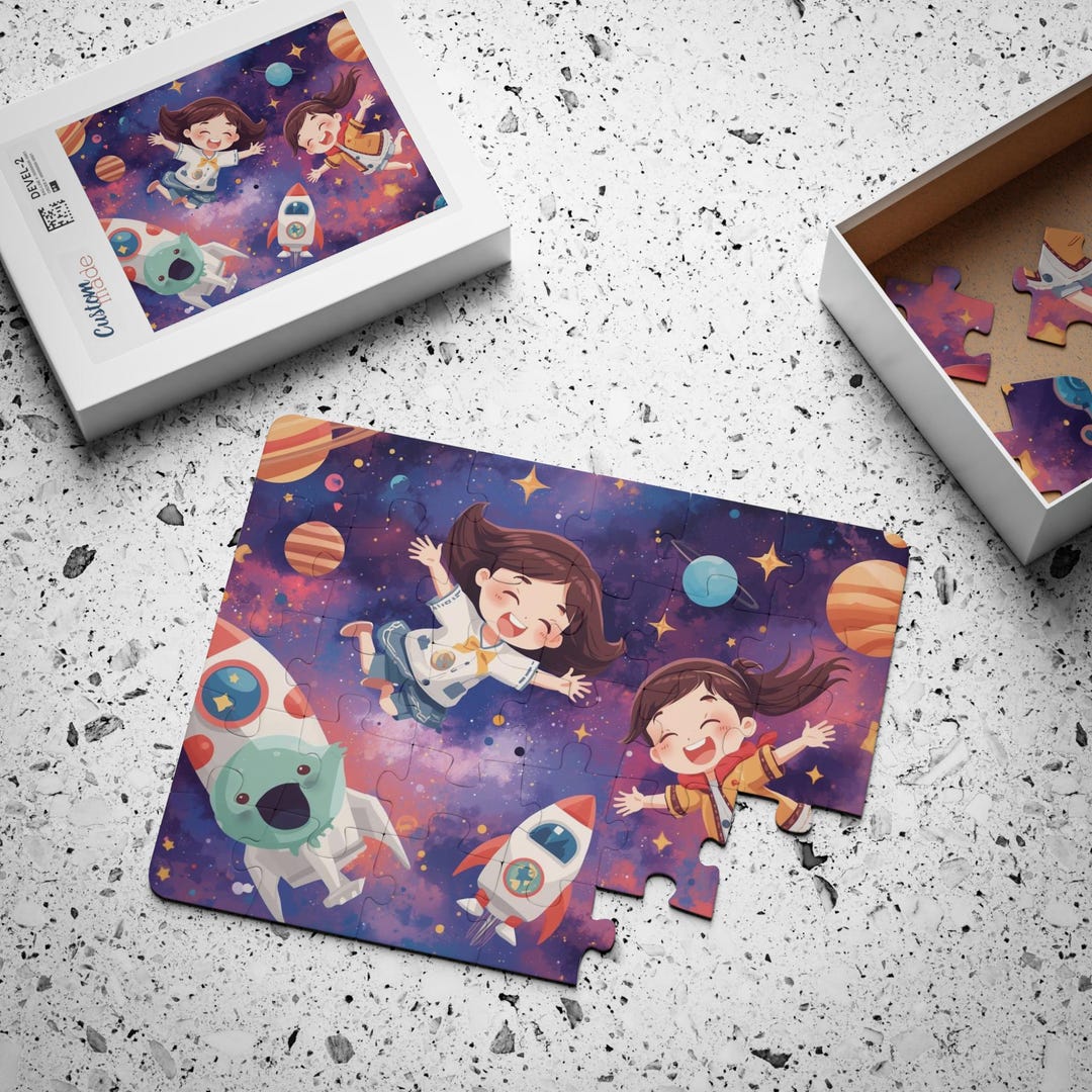 Cute Space Adventure Puzzle for Kids Two Happy Girls Floating in Galaxy ...