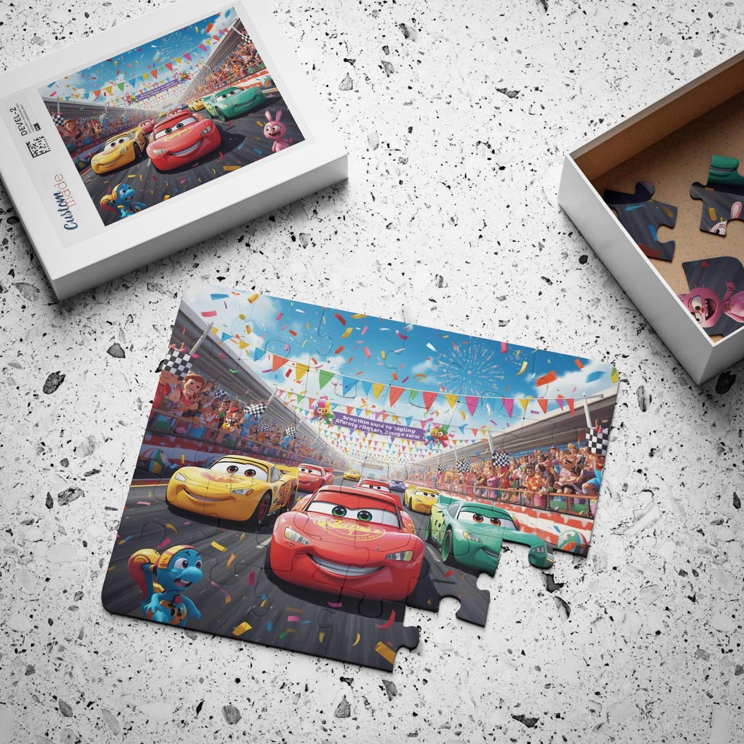Kids Racing Cars Puzzle – Colorful Cartoon Race Track Jigsaw With Happy ...
