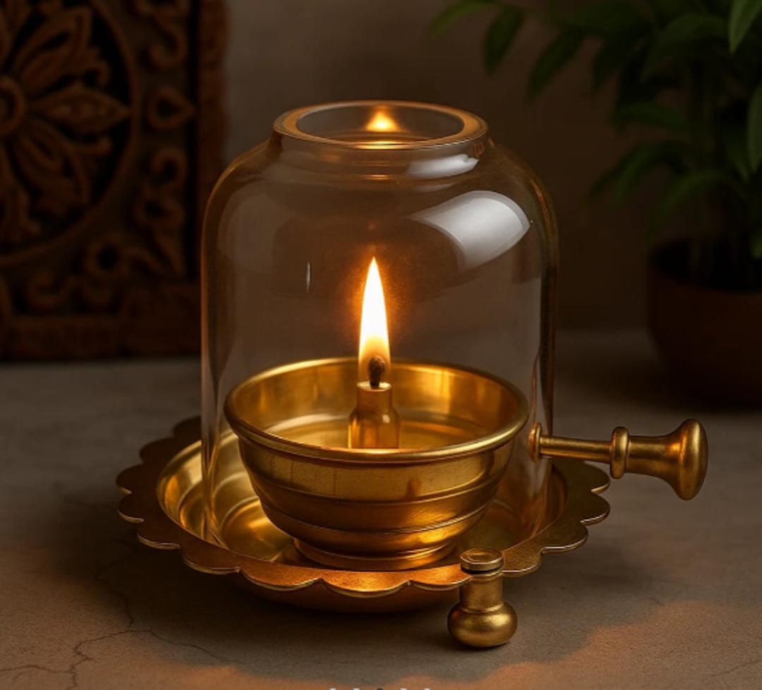Pure Brass Indian Style Oil Lamp With Glass Protector & Adjustable ...