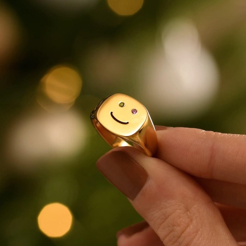 Happy Face Birthstone Signet Ring - Etsy