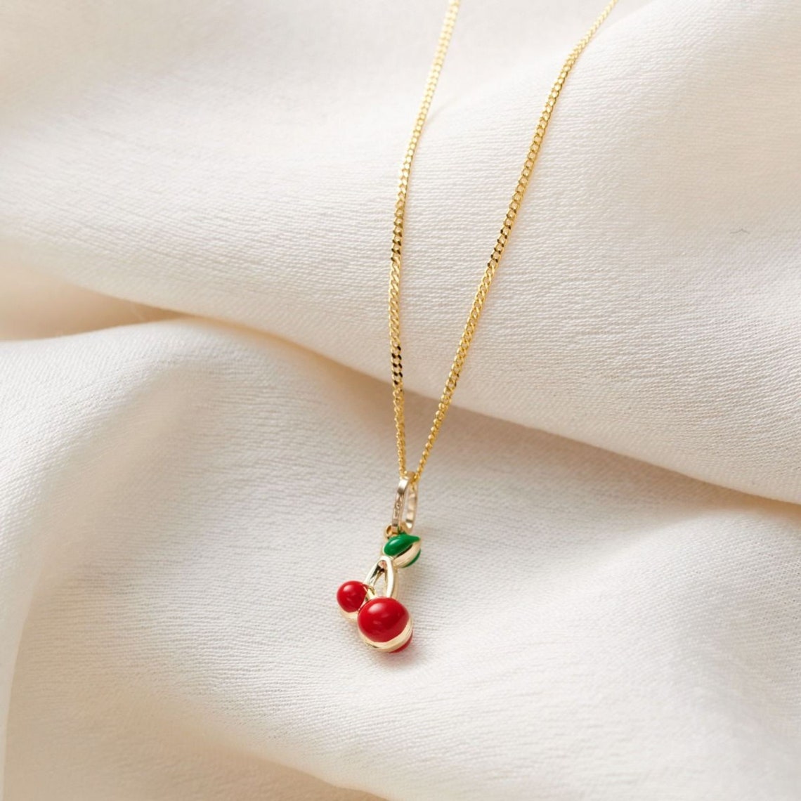 9ct Gold Enamel Cherry Charm Necklace - Etsy