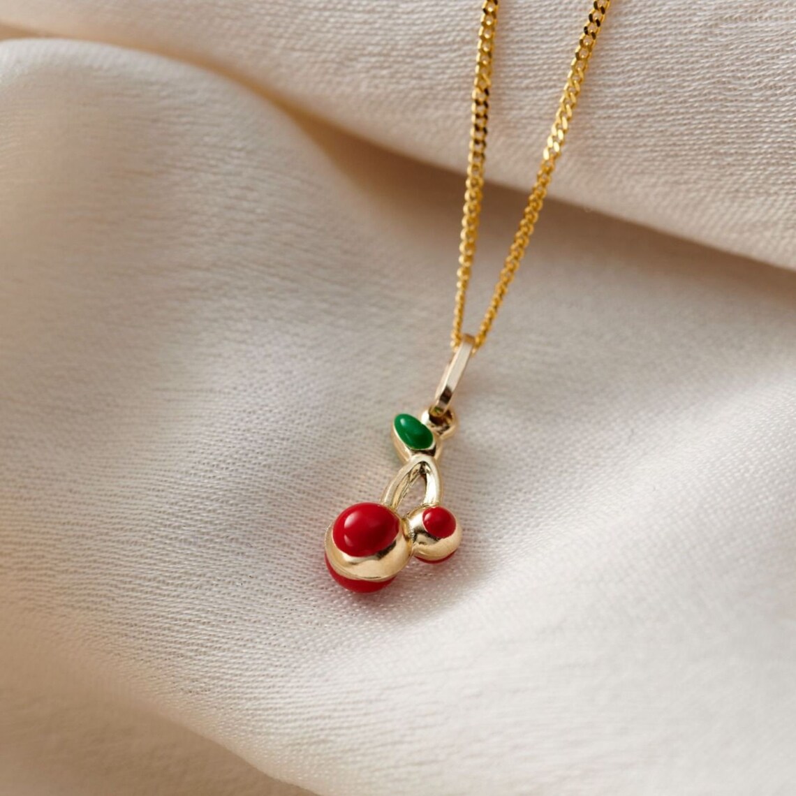 9ct Gold Enamel Cherry Charm Necklace - Etsy
