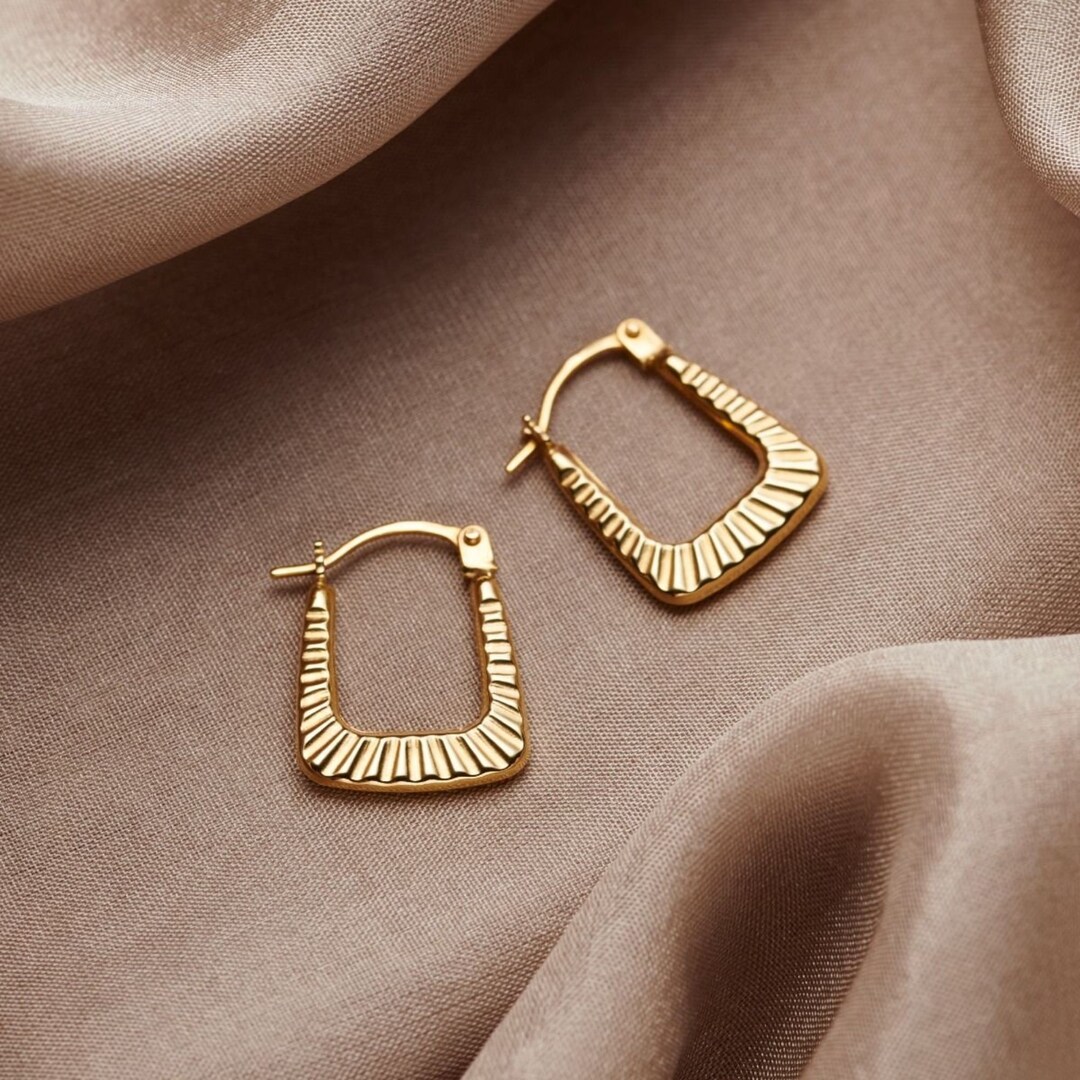 Square 9ct Yellow Gold Creole Hoop Earrings: Ridged Design - Etsy