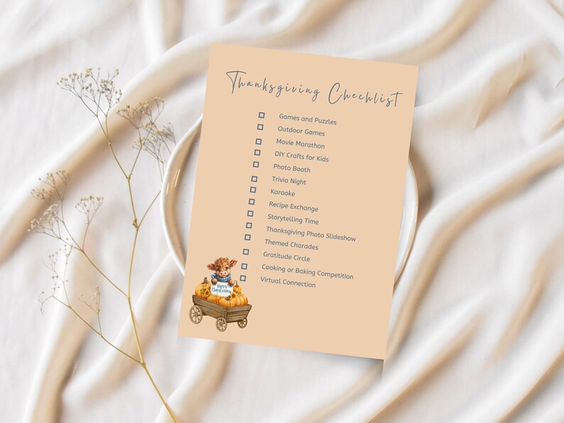 Highland Cow Thanksgiving Dinner Party Menu Template (A5) & Checklist ...