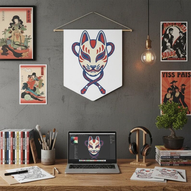 Kitsune Pennant Japanese Fox Mask Wall Banner - Etsy