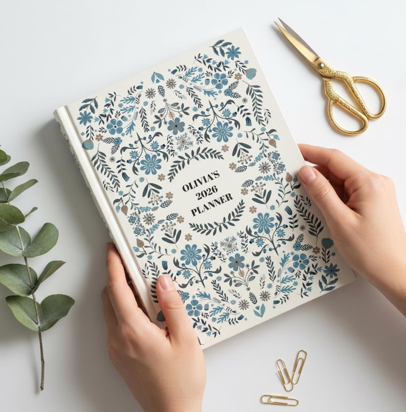 Personalized 2026 Planner Blue Folk Art Botanical A5 Hardcover for Her ...