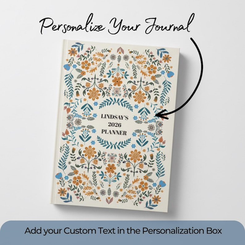 Personalized 2026 Planner Blue Folk Art Botanical A5 Hardcover for Her ...