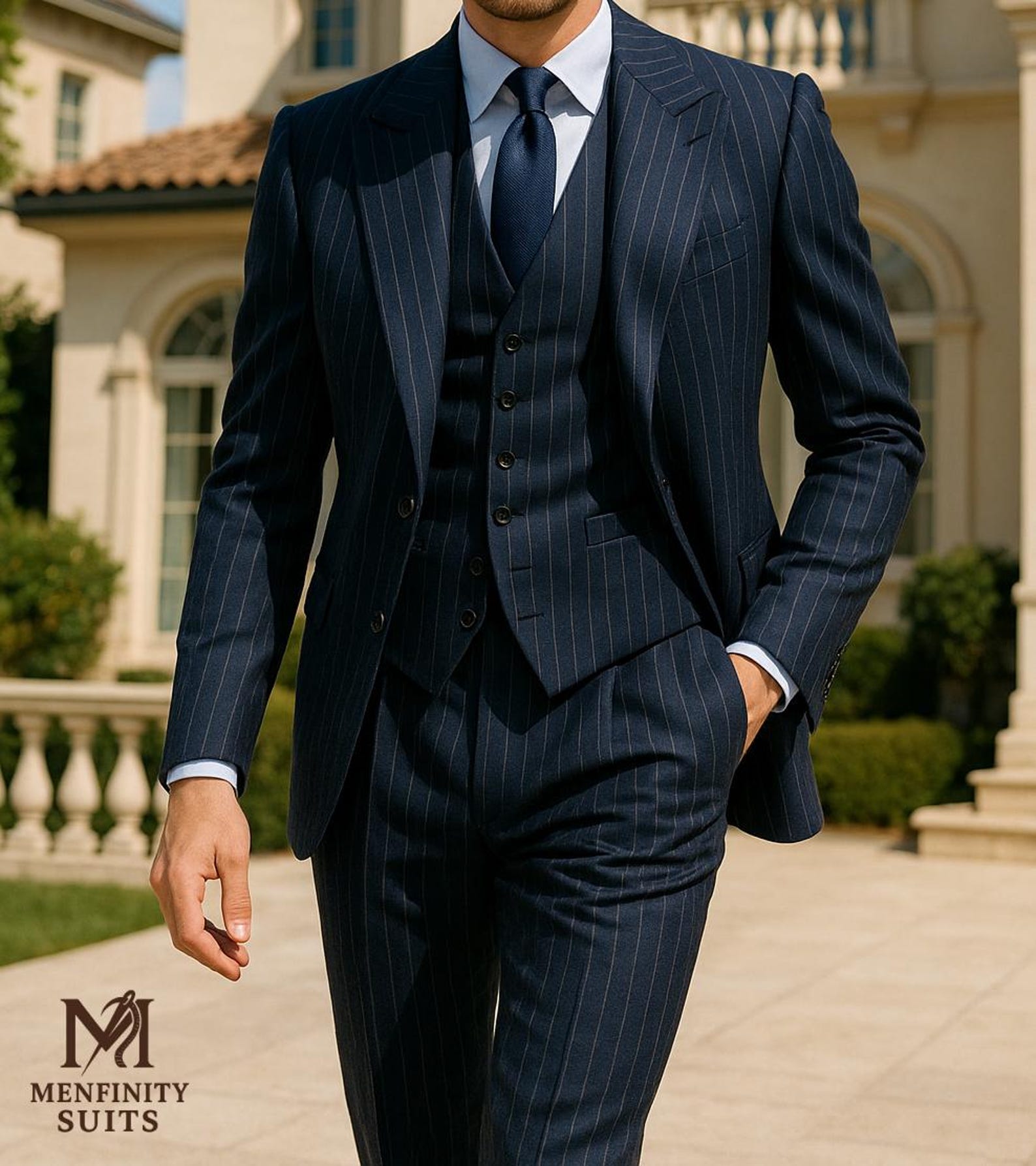 Men’s Navy Blue Pinstripe 3 Piece Suit | Luxury Formal & Office Wear ...