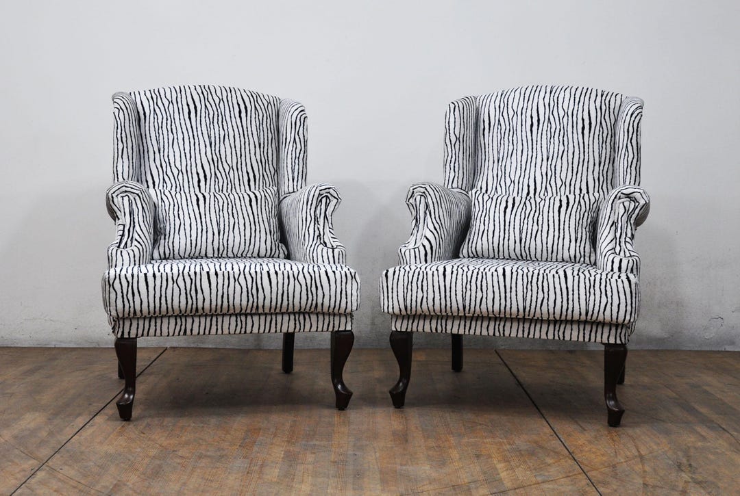 2 X Zebra Wingback Accent Chairs With Retro Wood Legs - Etsy