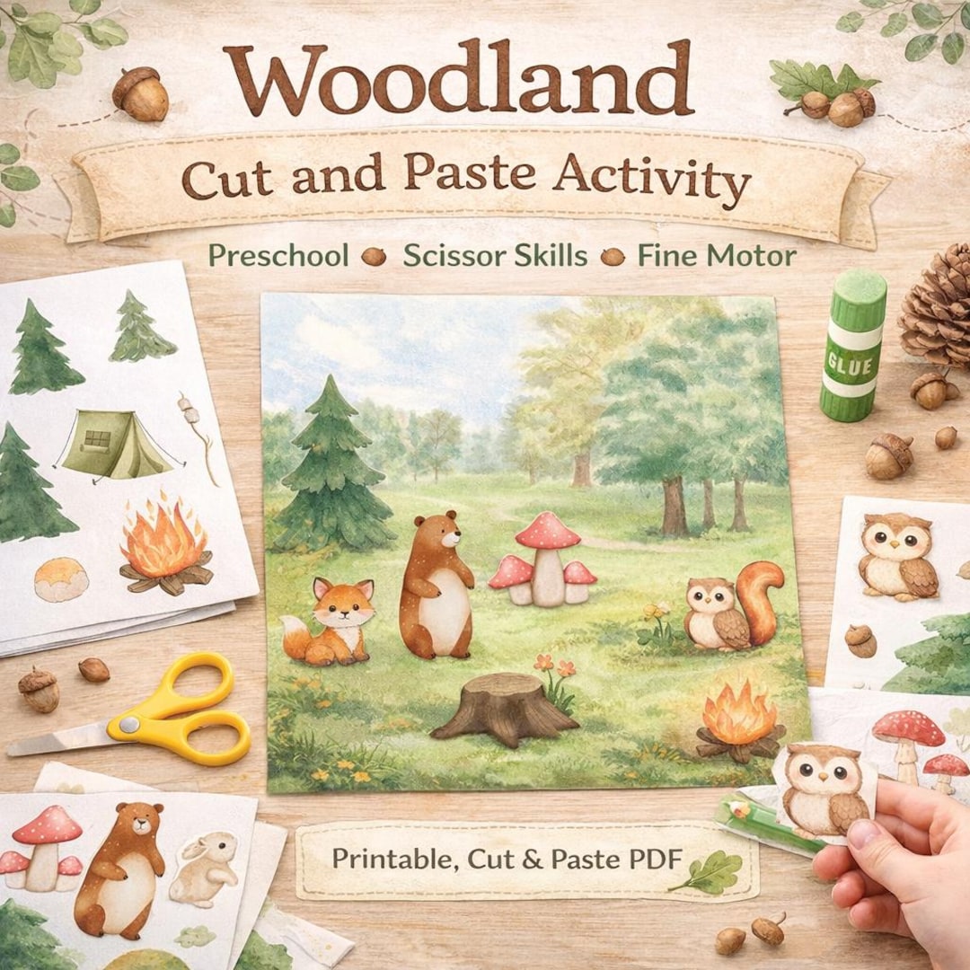 Woodland Cut and Paste Activity, Preschool Scissor Skills Fine Motor ...