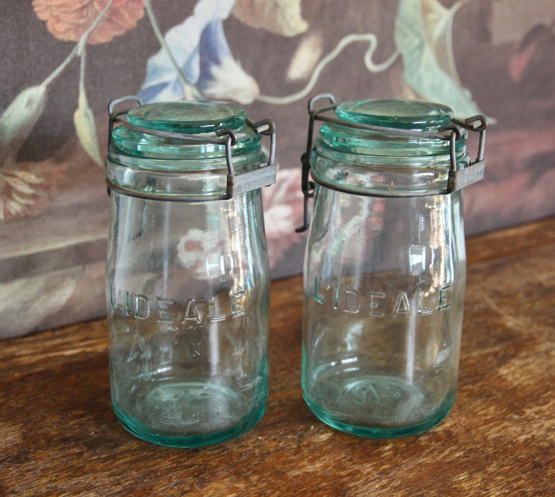 Pair of Vintage French L'IDEALE 1/2 Litre Green Glass Preserve Storage ...