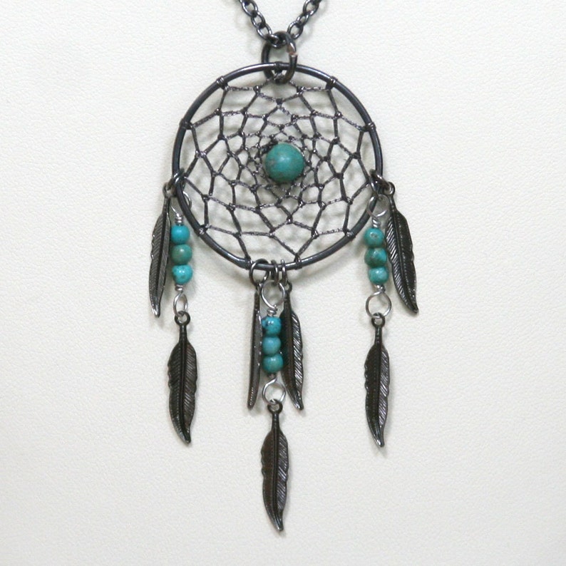 Dream Catcher Turquoise & Gunmetal Dreamcatcher Necklace With Feathers ...