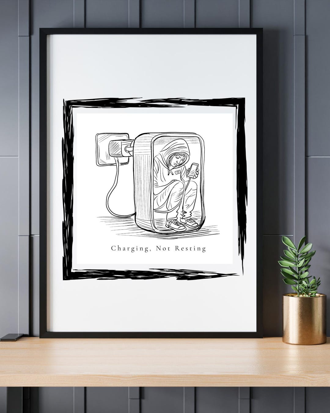 Hand-drawn Modern Life Line Art Print, Charging Person Illustration ...