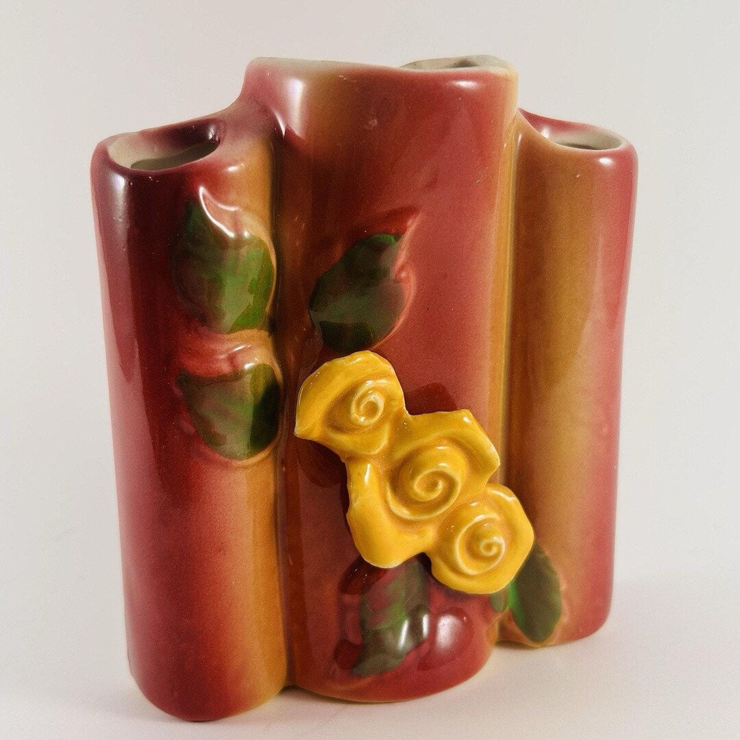 Shawnee Pottery Wall Pocket Vase Rose Gold Yellow Roses Triple Tube Mid ...