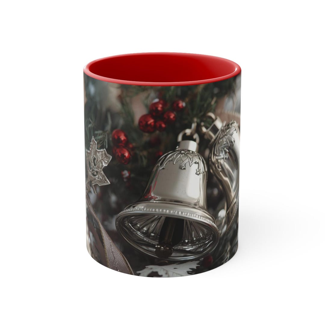 Silver Christmas Bells Mug | Holiday Red Accent Mug - Etsy