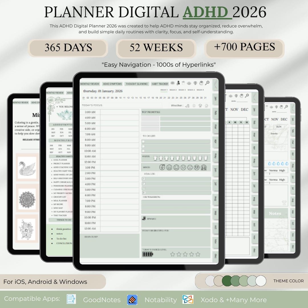 Ultimate 2026 ADHD Planner Bundle, Hyperlinked Neurodivergent Daily ...