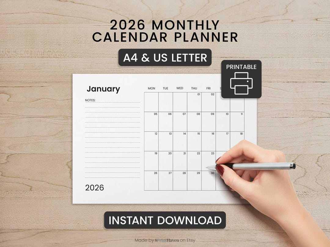 2026 Minimal Monthly Calendar Printable: A4 & US Letter (digital ...