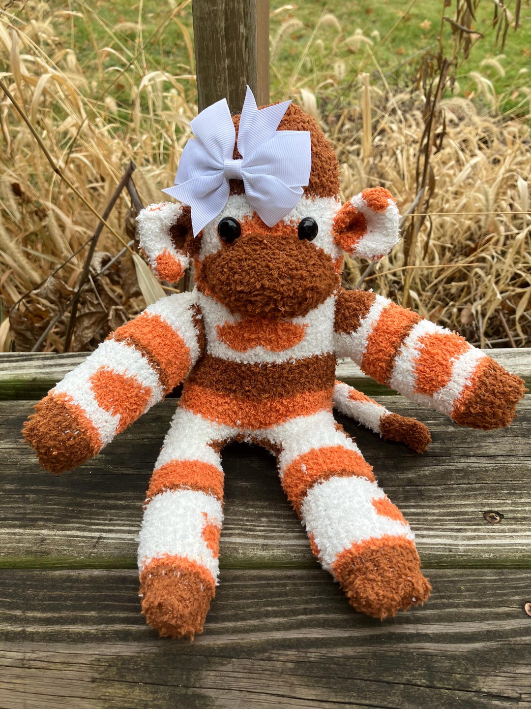 Handmade Fuzzy Sock Monkey Plush: White With Orange and Brown Stripes ...