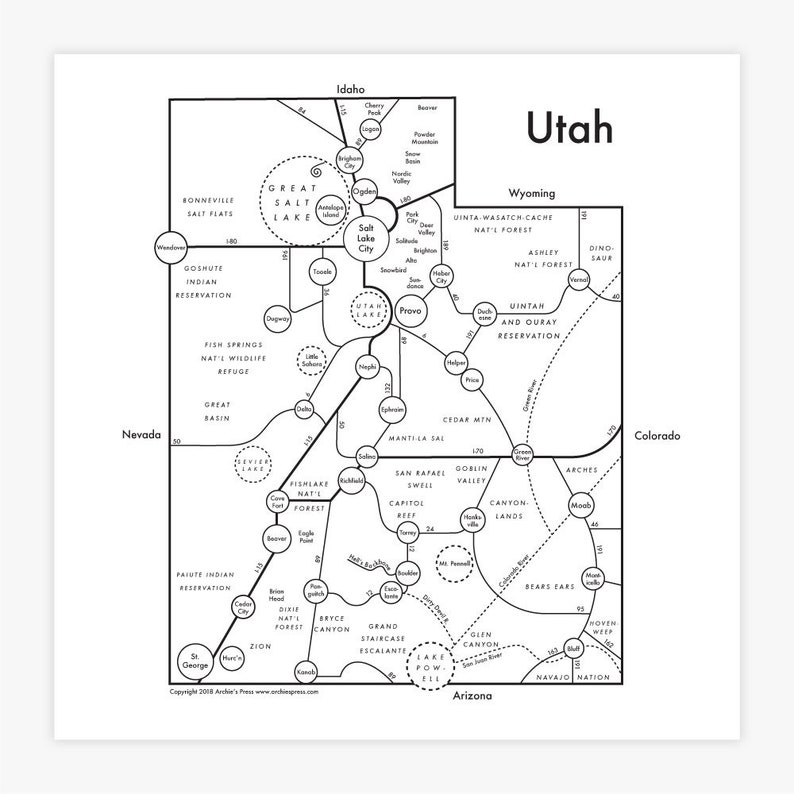 Utah Map Print 8x8 Letterpress Print - Etsy