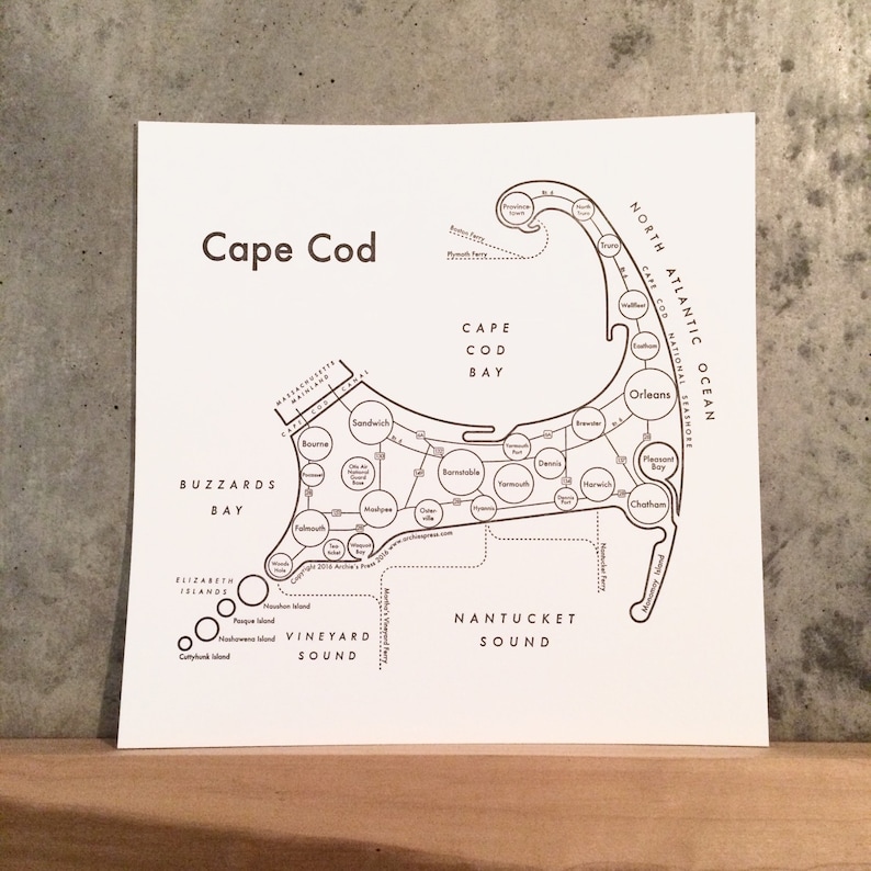 Cape Cod Map Letterpress Print 8"x8" - Etsy