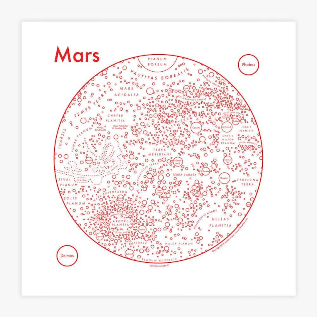 Mars Map Screenprint 17.5x17.5 - Etsy