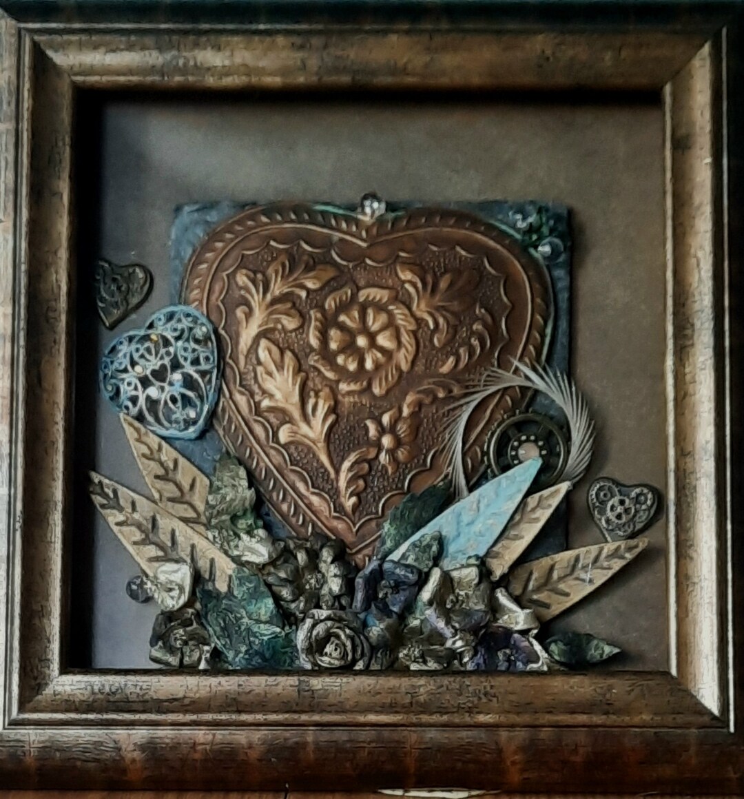 Framed Mixed Media Art Rustic Bronze Hearts and Flowers Handmade OOAK ...