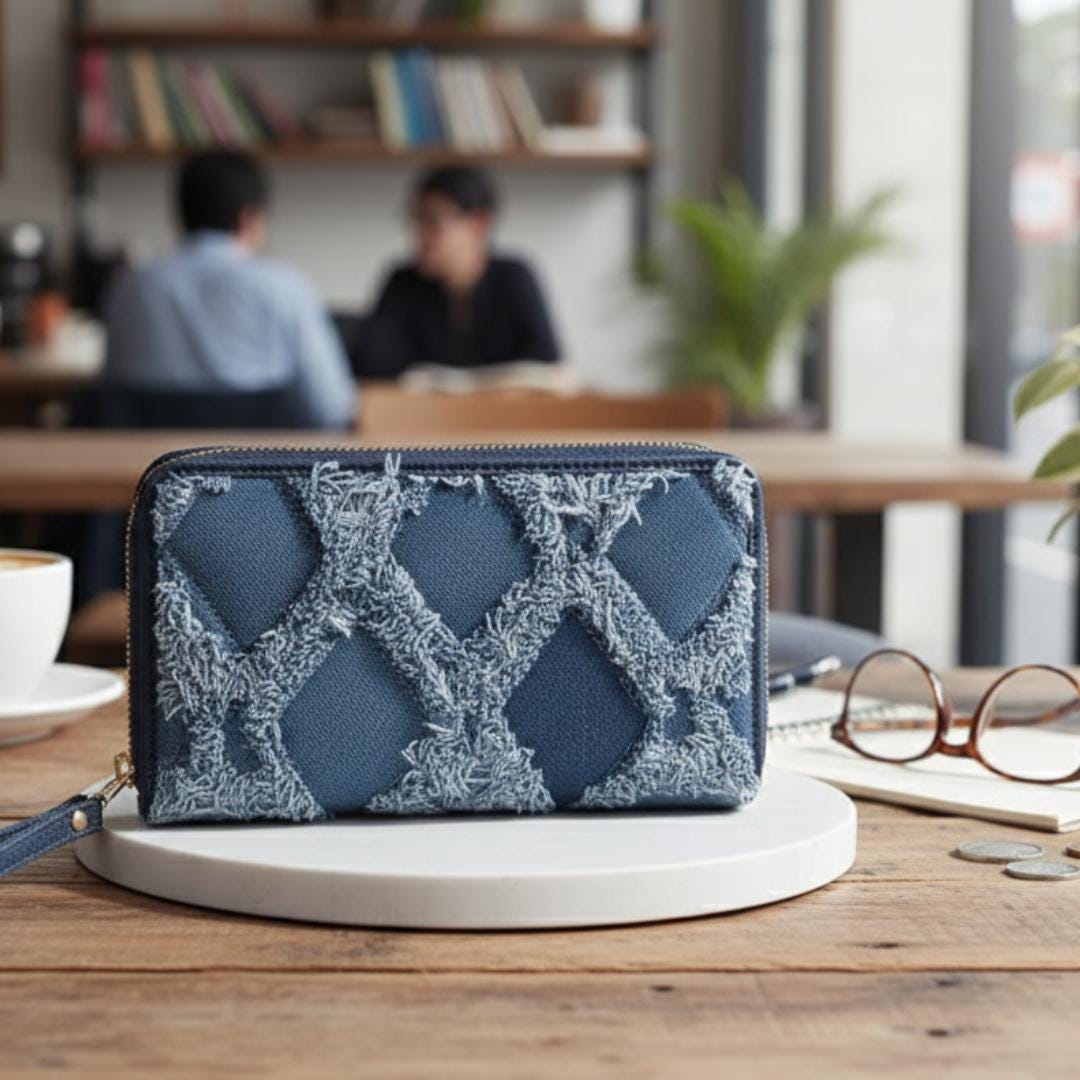 Boho Distressed Denim Wallet for Women, Double Zip Around Purse With ...