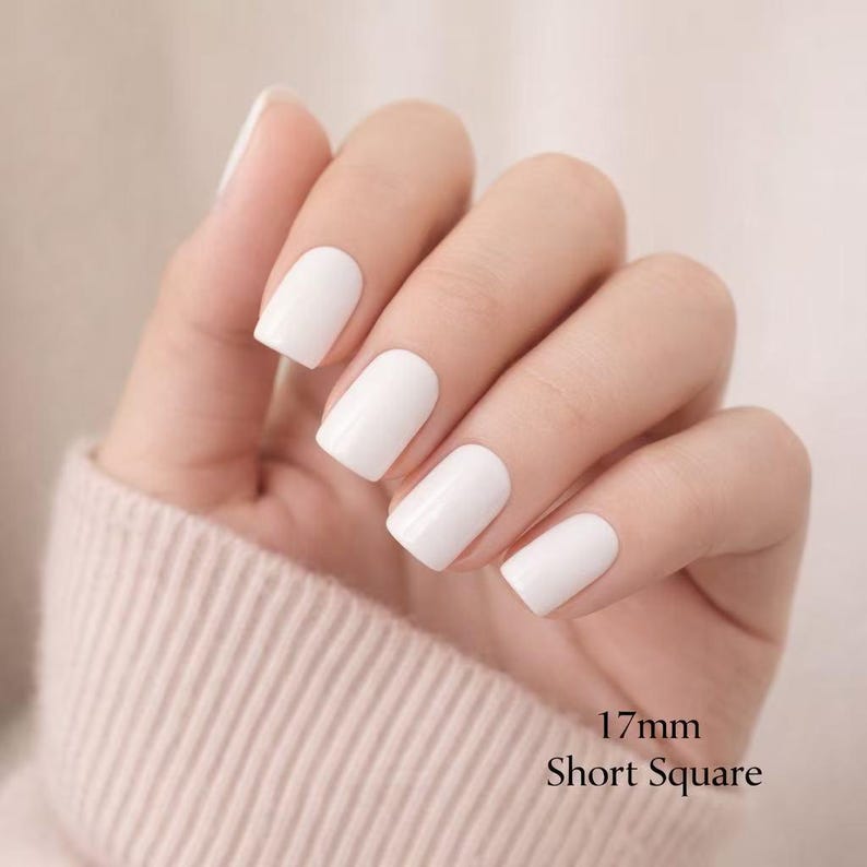 17mm Short Square Press on Milky White Minimal Nails Everyday Clean ...