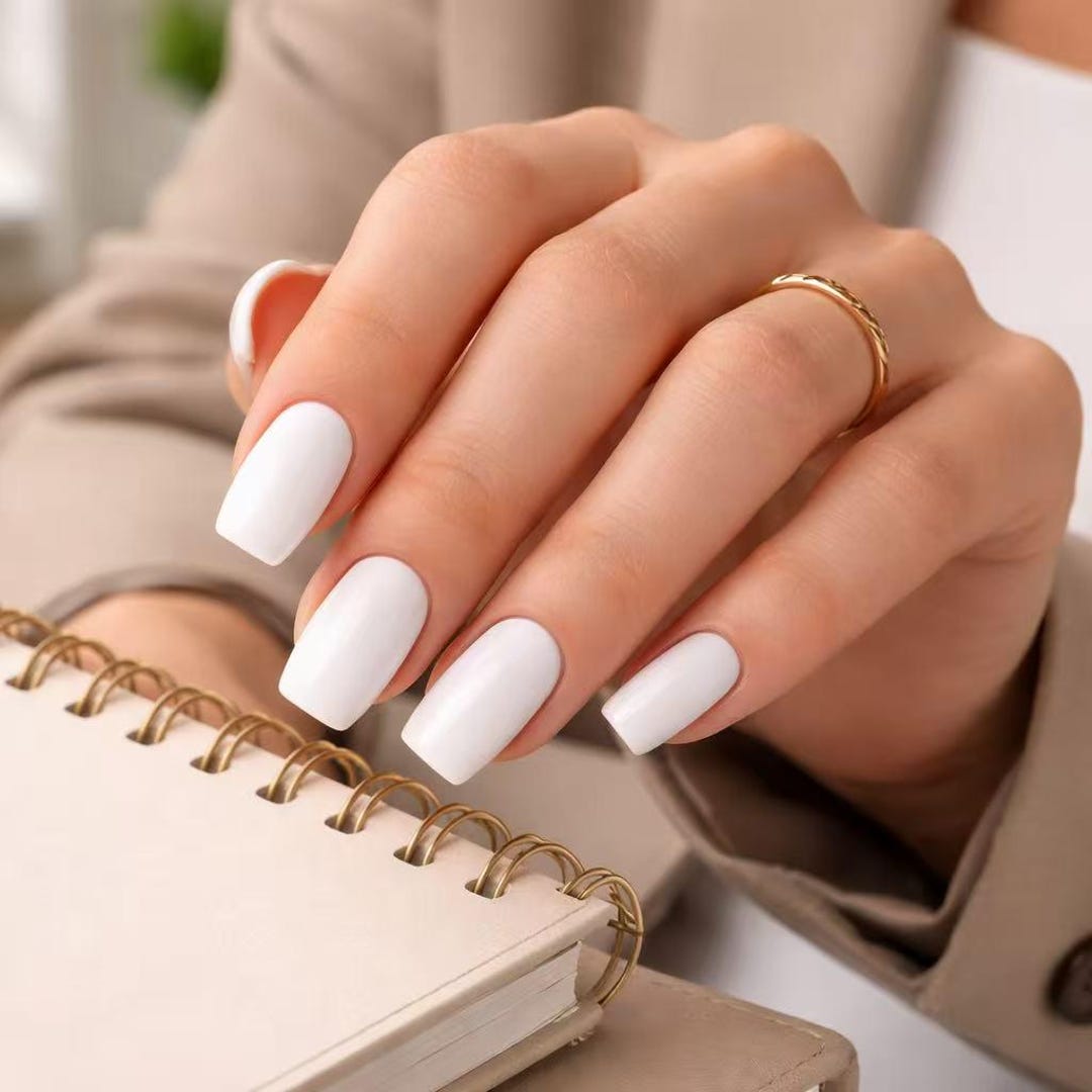 17mm Short Square Press on Milky White Minimal Nails Everyday Clean ...