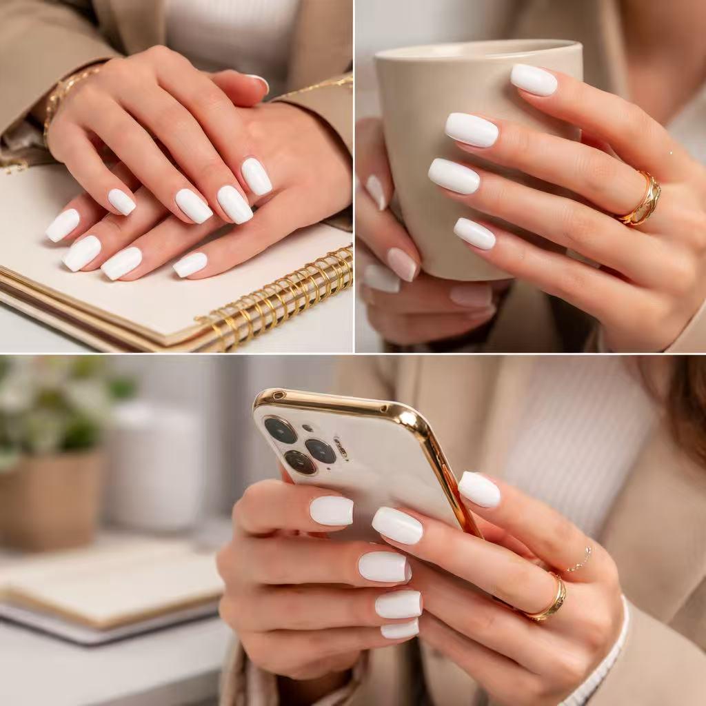 17mm Short Square Press on Milky White Minimal Nails Everyday Clean ...